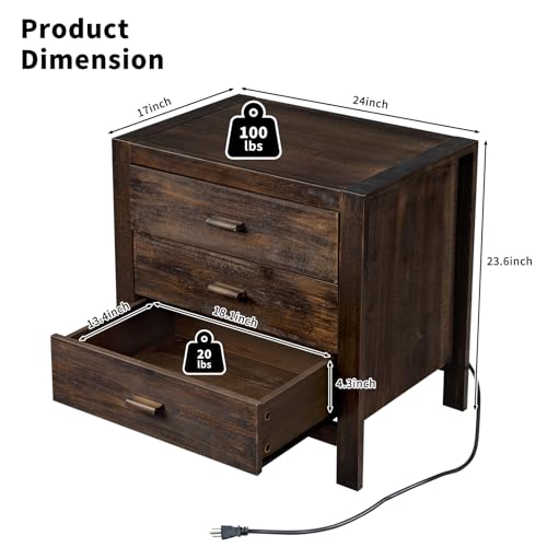 Karl home Farmhouse Nightstand with Charging Station, Solid Pine Wood 3 Drawer Night Stands for Bedroom, Bedside Table with 2 USB Ports & 2 AC Outlets, Vintage End Tables, Brown
