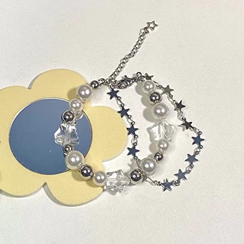 Fuqimanman2020 Y2k Star Silver Beaded Chain Charm Bracelet Aesthetic Grunge Gift for Women-A