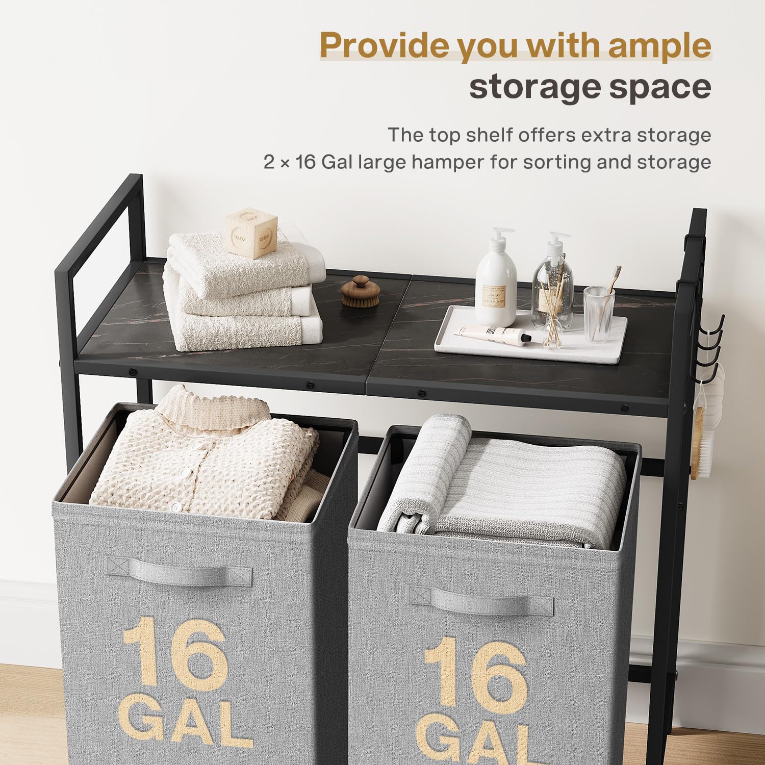 SOLEDI Double Laundry Hamper with Shelf, Rolling Laundry Basket with Wheels, Metal Frame Laundry Sorter Organizer, 120L Large Clothes Hamper for Laundry Room Bathroom Brown