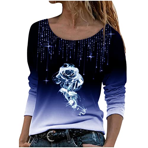 Blusa con Estampado de Cuello Redondo para Mujer Camiseta de Manga Larga Sudadera holgada túnica tanque Y2K Moda,Blue,X-Large