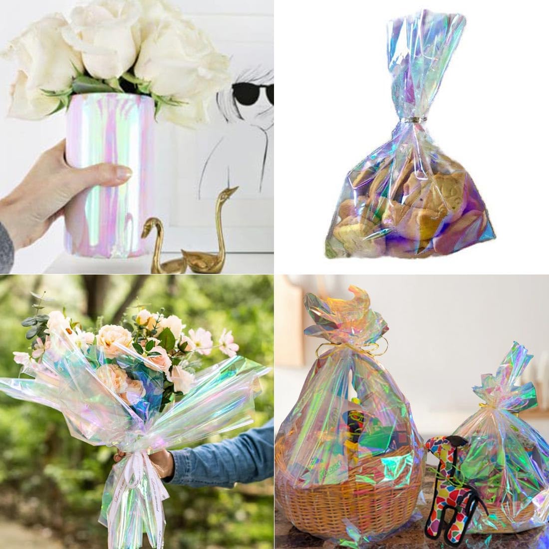 BetterJonny 32in x 50ft Iridescent Cellophane Wrap Roll, Rainbow Cellophane Roll for Gift Baskets Flower Wrapping Paper Holographic Cellophane for Gift Baskets, Crafts, Candy, Gifts, Flowers