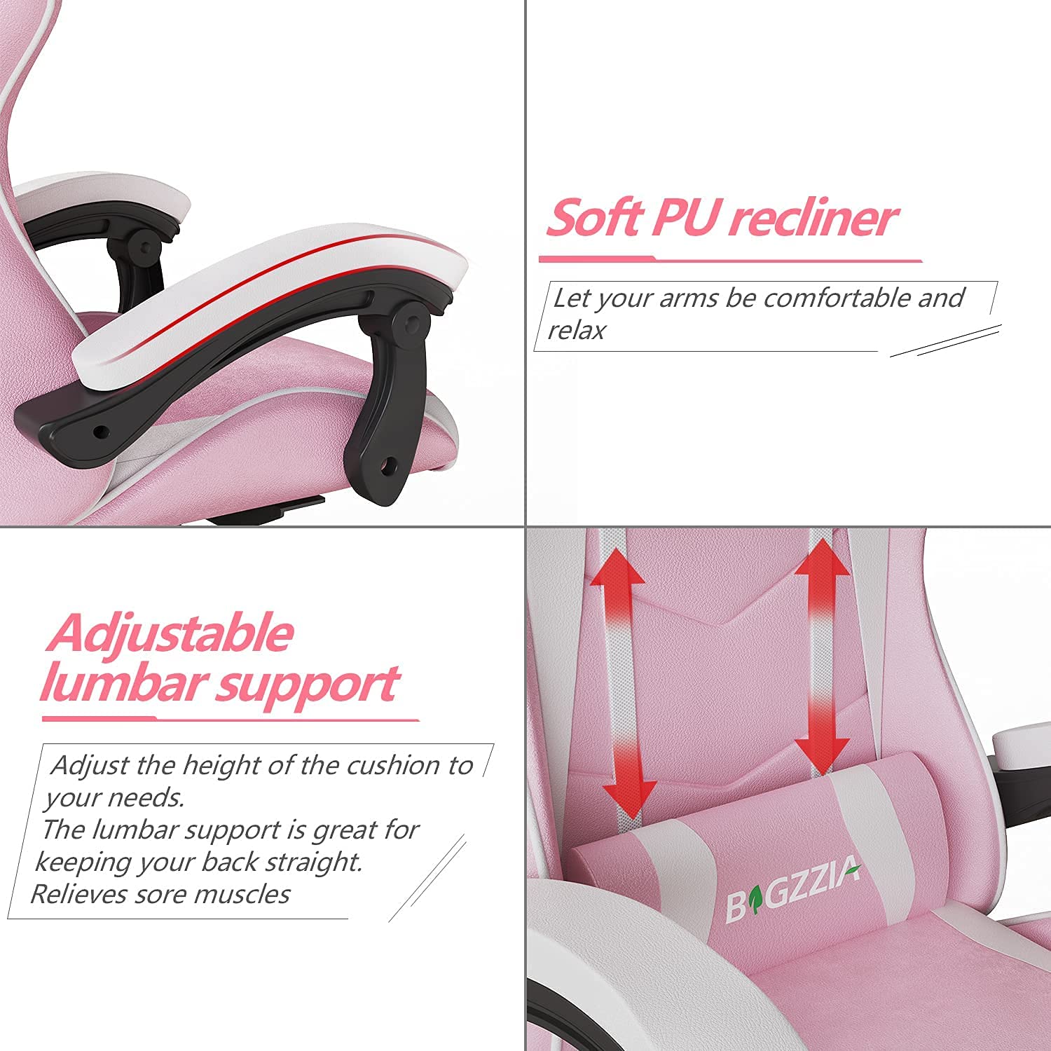 Bigzzia Pink Gaming Chair, Reclining High Back PU Leather Office Desk Chair with Headrest and Lumbar Support, Adjustable Swivel Rolling Video Game Chairs Ergonomic Racing Computer Chair