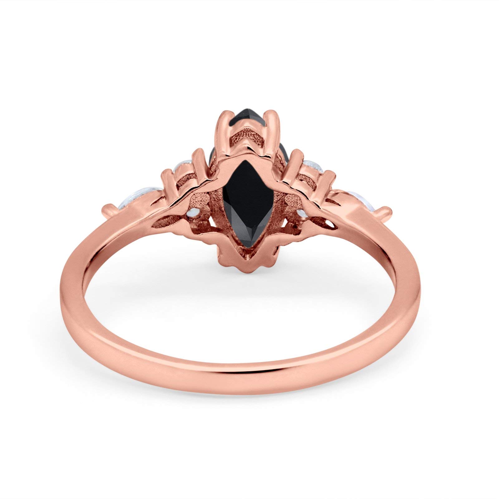 Blue Apple Co. Rose Tone, Simulated Black CZ Size-9 Art Deco Vintage Style Marquise Wedding Engagement Bridal Ring Round Simulated Cubic Zirconia 925 Sterling Silver