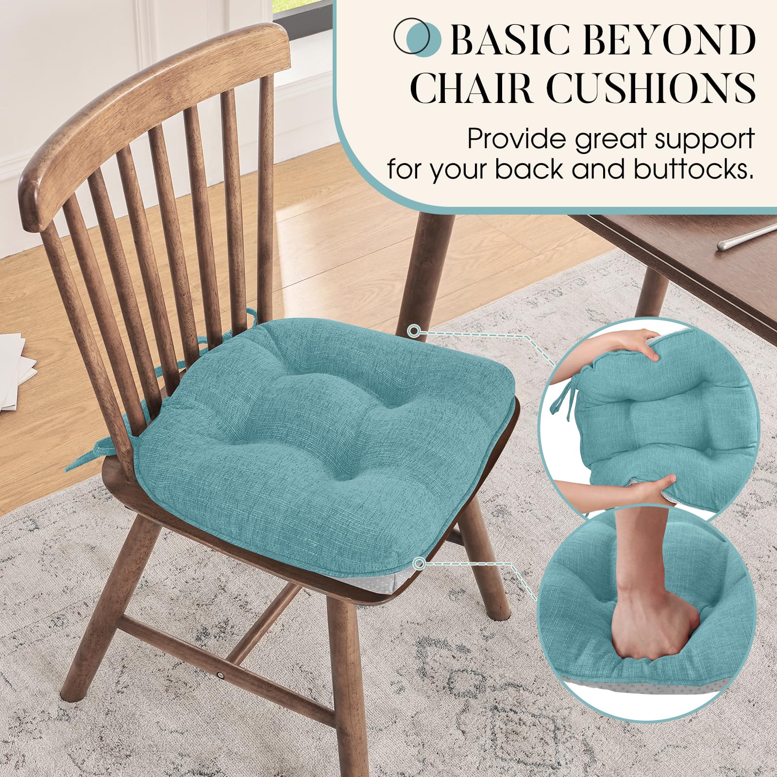 Basic Beyond Chair Cushions for Dining Chairs 4 Pack, Memory Foam Chair Cushion with Ties and Non Slip Backing, 15.5 x 15.5 Inches Tufted Chair Pads for Dining Chairs(Charcoal)