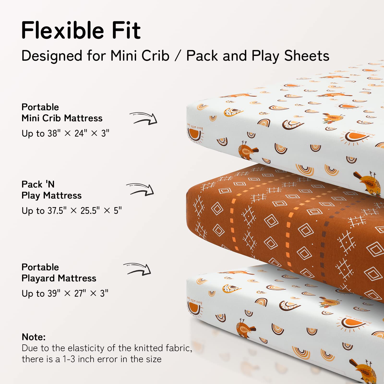 besrey Pack N Play Sheets, Premium Stretch Fitted Portable Mini Cribs Playards Sheets, Ultra Soft Breathable Jersey Knit Cotton Blend, 2 Pack with Storage Bag for Baby Girl& Boy(Boho Rainbow Birds)