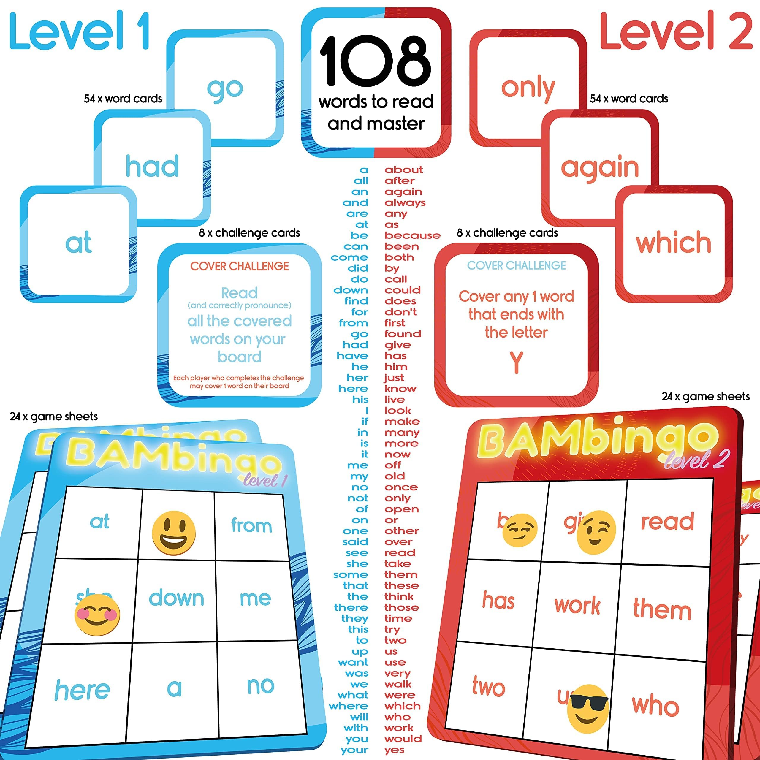 THE BAMBINO TREE Sight Word Bingo Game Level 1 and 2 - Learn to Read Vocabulary for Kindergarten 1st Grade - Dolch's Fry's Words Lists