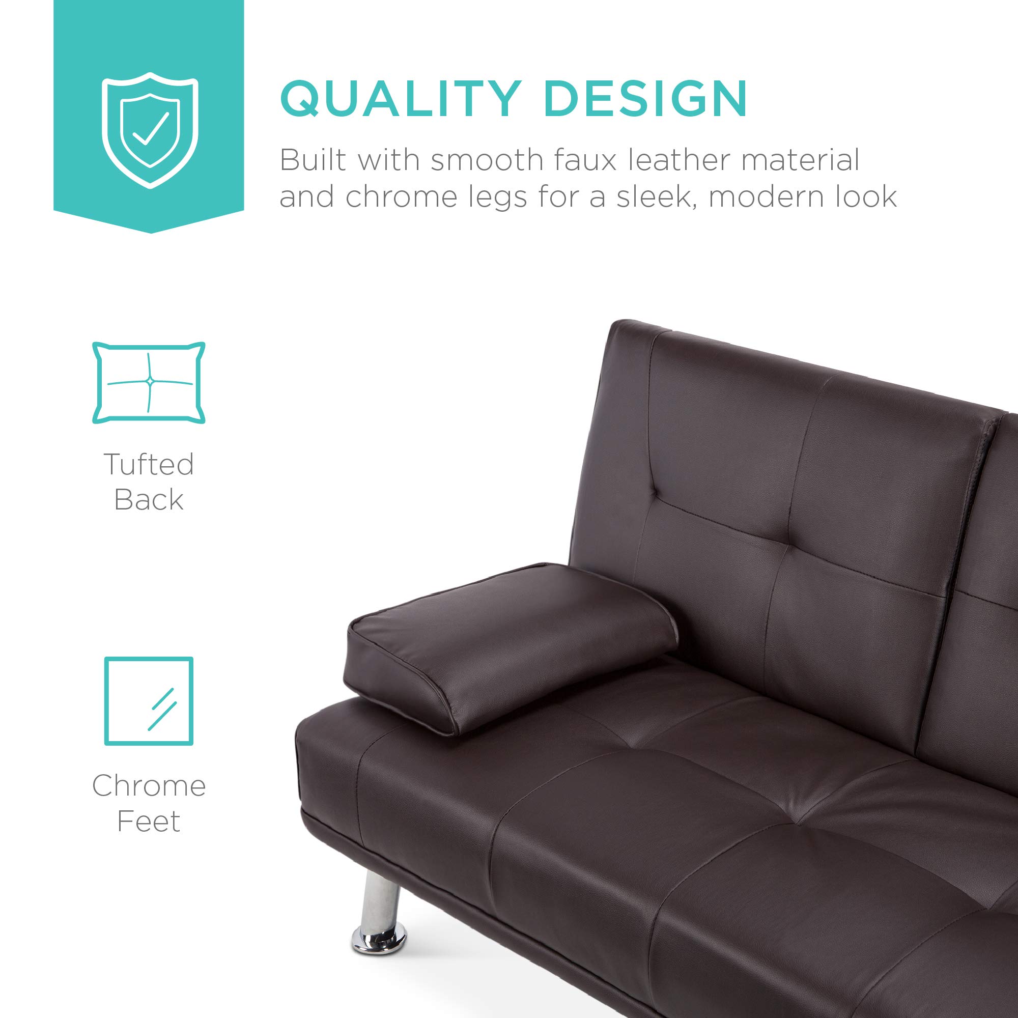 Best Choice Products Faux Leather Upholstered Modern Convertible Futon, Adjustable Folding Sofa Bed, Guest Bed w/Removable Armrests - Brown