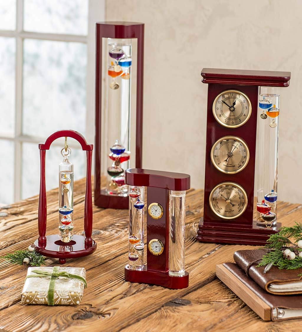Galileo Glass Thermometer | 14.5-Inches Tall with Cherry Wood Frame | Law of Physics | Indoor Room Temperature for Home House Office Desk Counter Tabletop | Holiday Gift Present