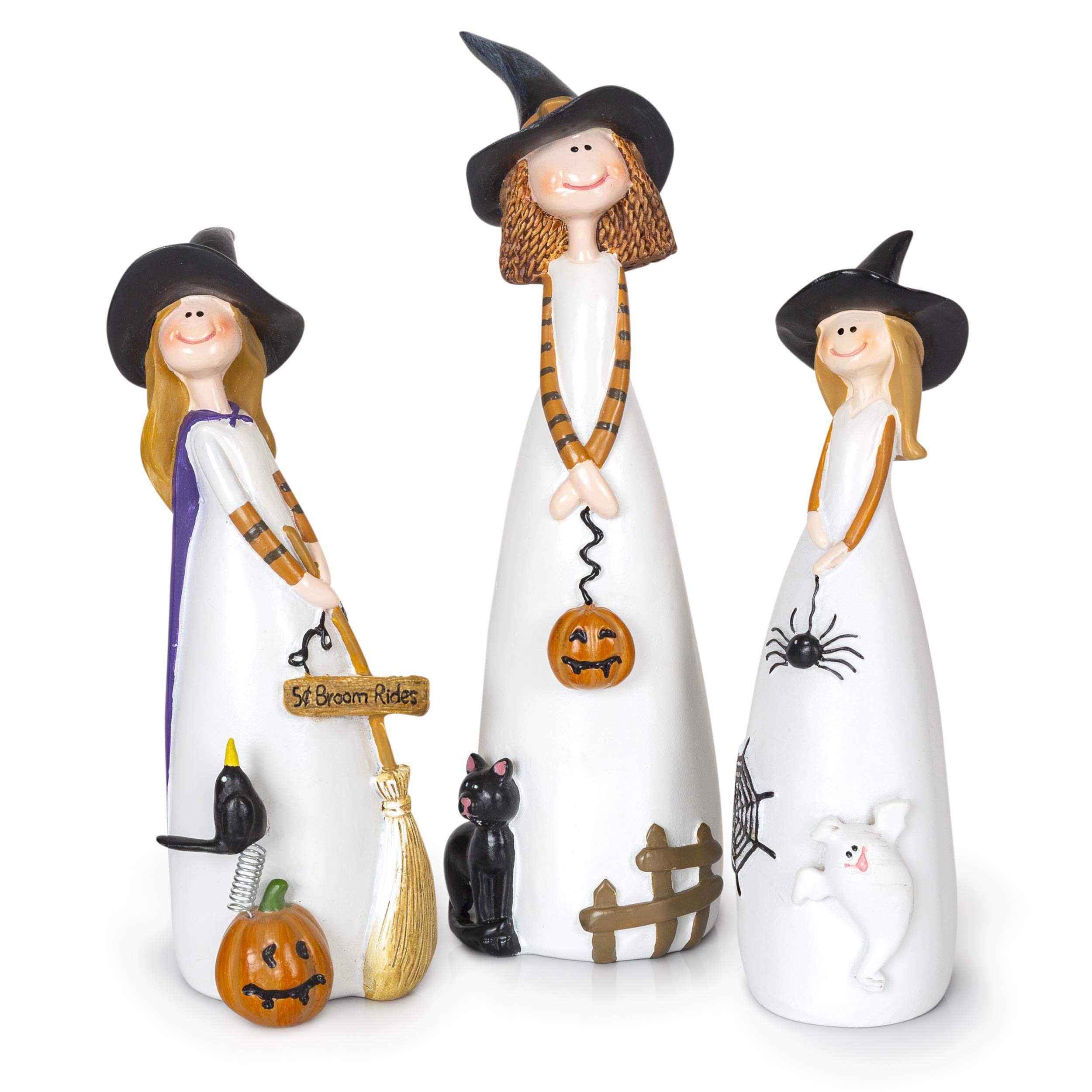 Besti Halloween Witch Decorations, 3 Piece Set, Cute Home and Party Holiday Decor and Fall Accents, Classic Witches Hats, Cat, Ghost, Crow, and Pumpkins, Ceramic Figurines