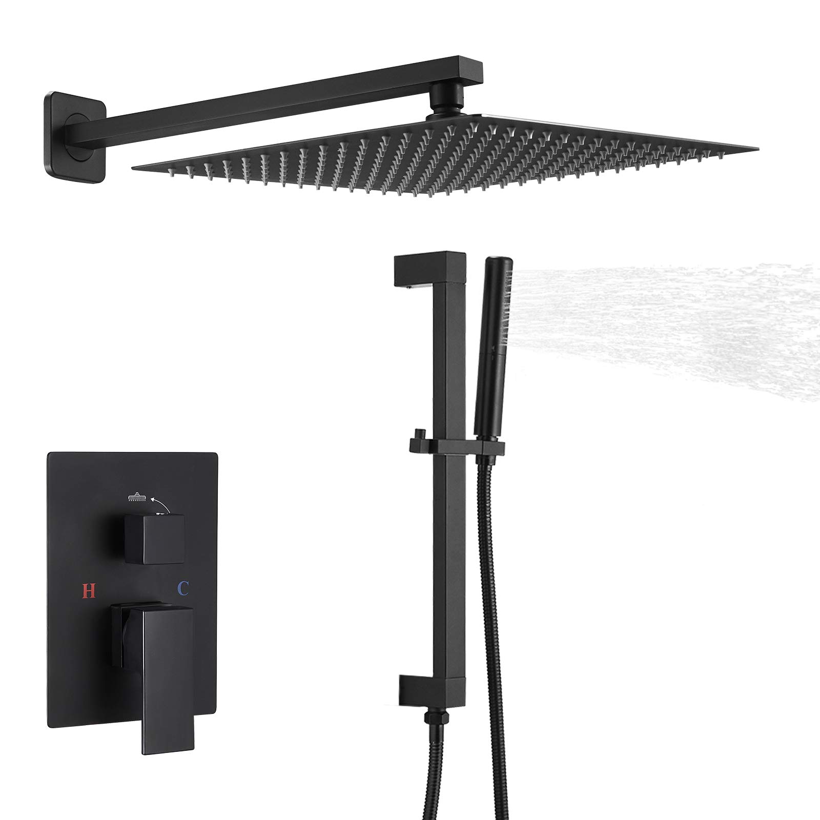 BESy Shower System with Adjustable Angle Slide Bar, 12 Inch Rain Shower Head and Wand Wall Mounted, Rainfall Shower Faucet Fixture Combo Set, 2 in 1 Handheld Showerhead for Bathroom, Matte Black