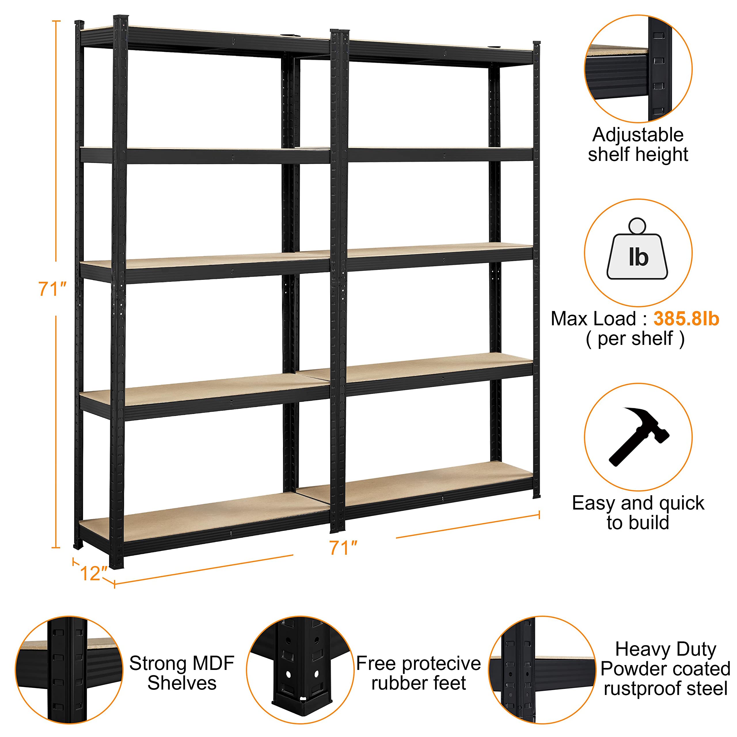 Topeakmart 2 PCS 5-Tier Utility Shelves, Metal Storage Shelves Garage Shelving Unit Adjustable Garage Storage Shelves Storage Racks Heavy Duty Shed Shelving- Black, 35.5 x 12 x 71 Inch