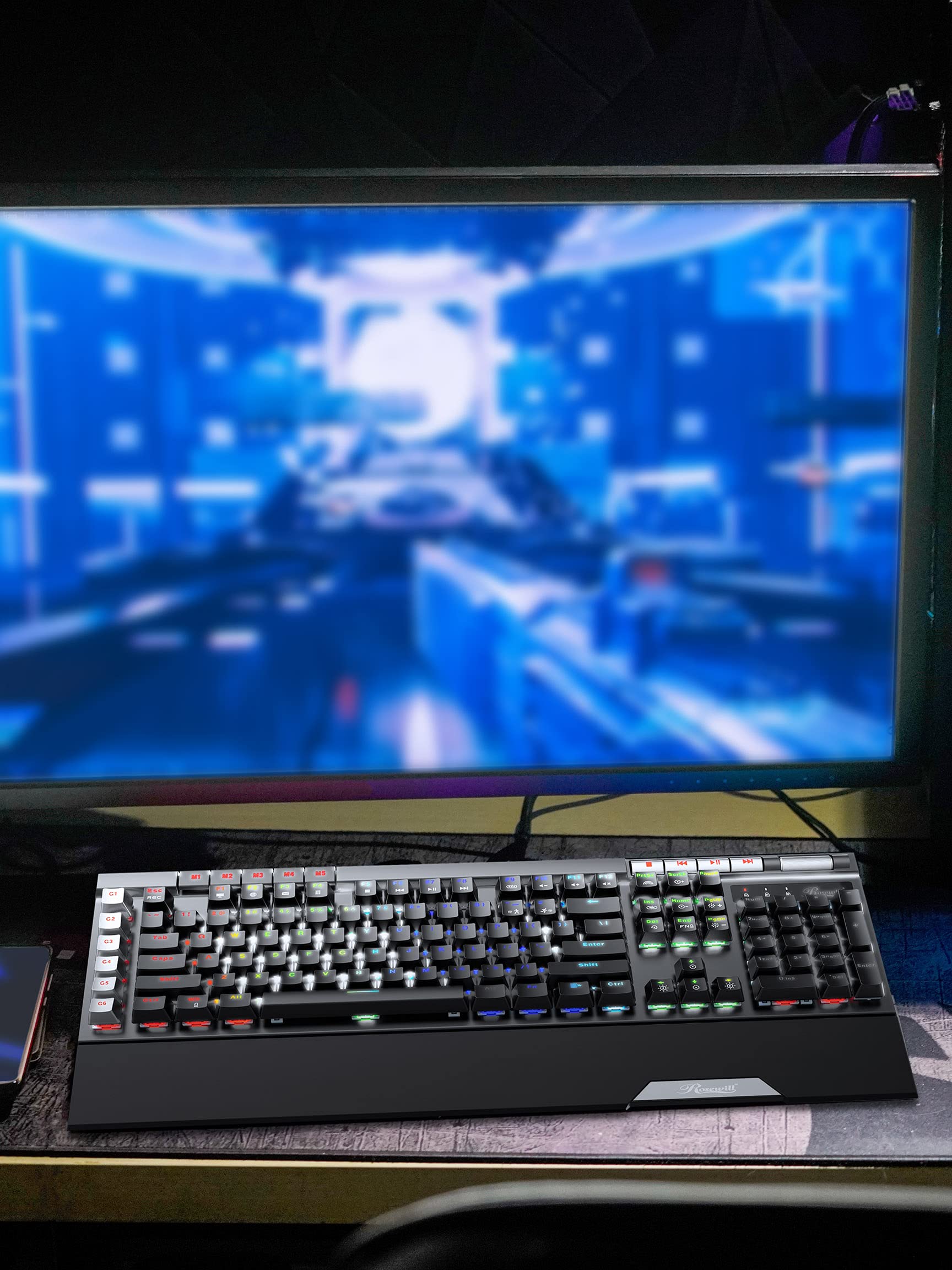 Rosewill Blitz K50 RGB Wired Gaming Clicky Mechanical Keyboard, Outemu Blue Switches, 14 RGB LED Backlight Effects, NKRO, Anti-Ghosting, 6 Macro Keys, Dedicated Media Controls, USB Passthrough