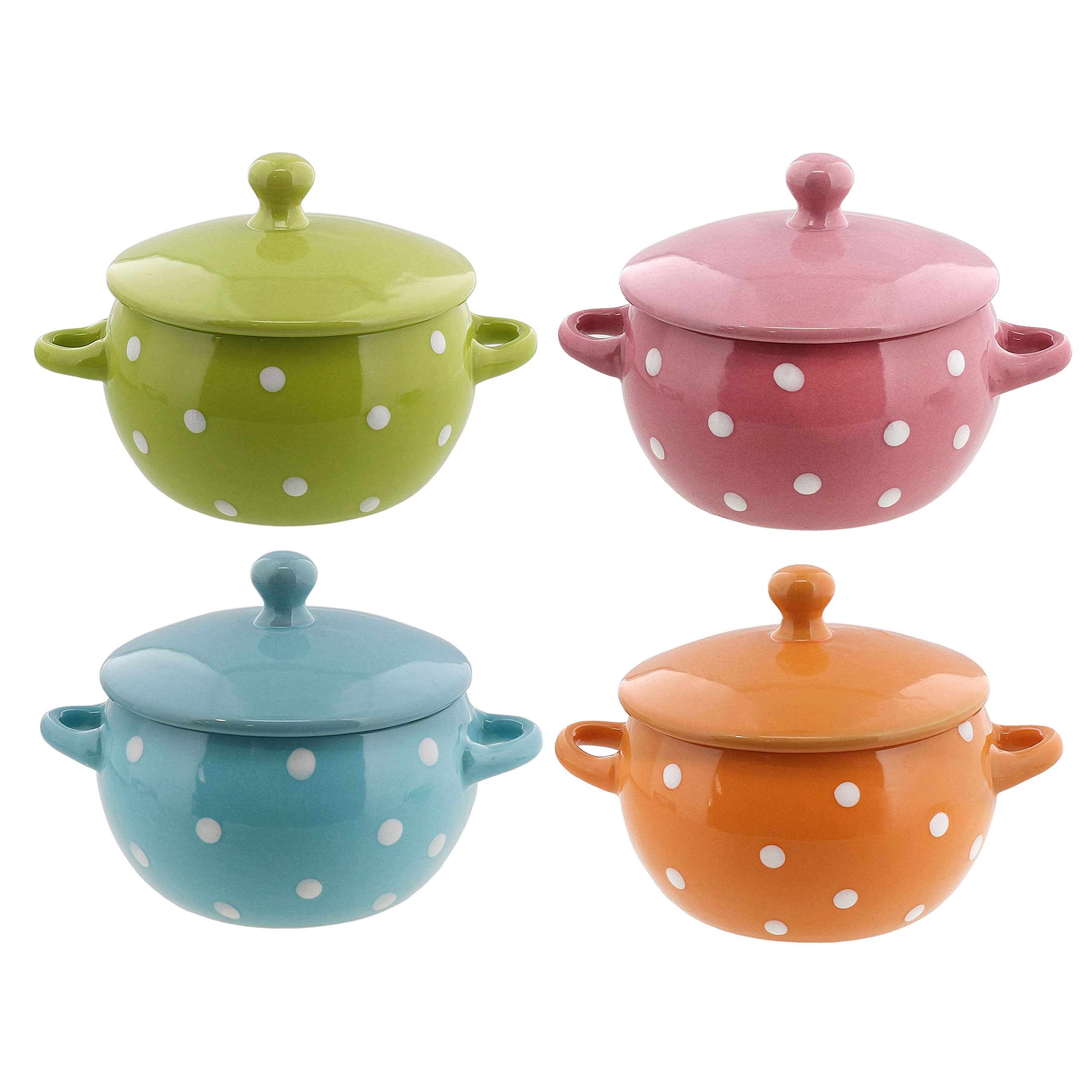 Ceramic Polka Dot Soup Bowls with Lids and Handles - Set of 4