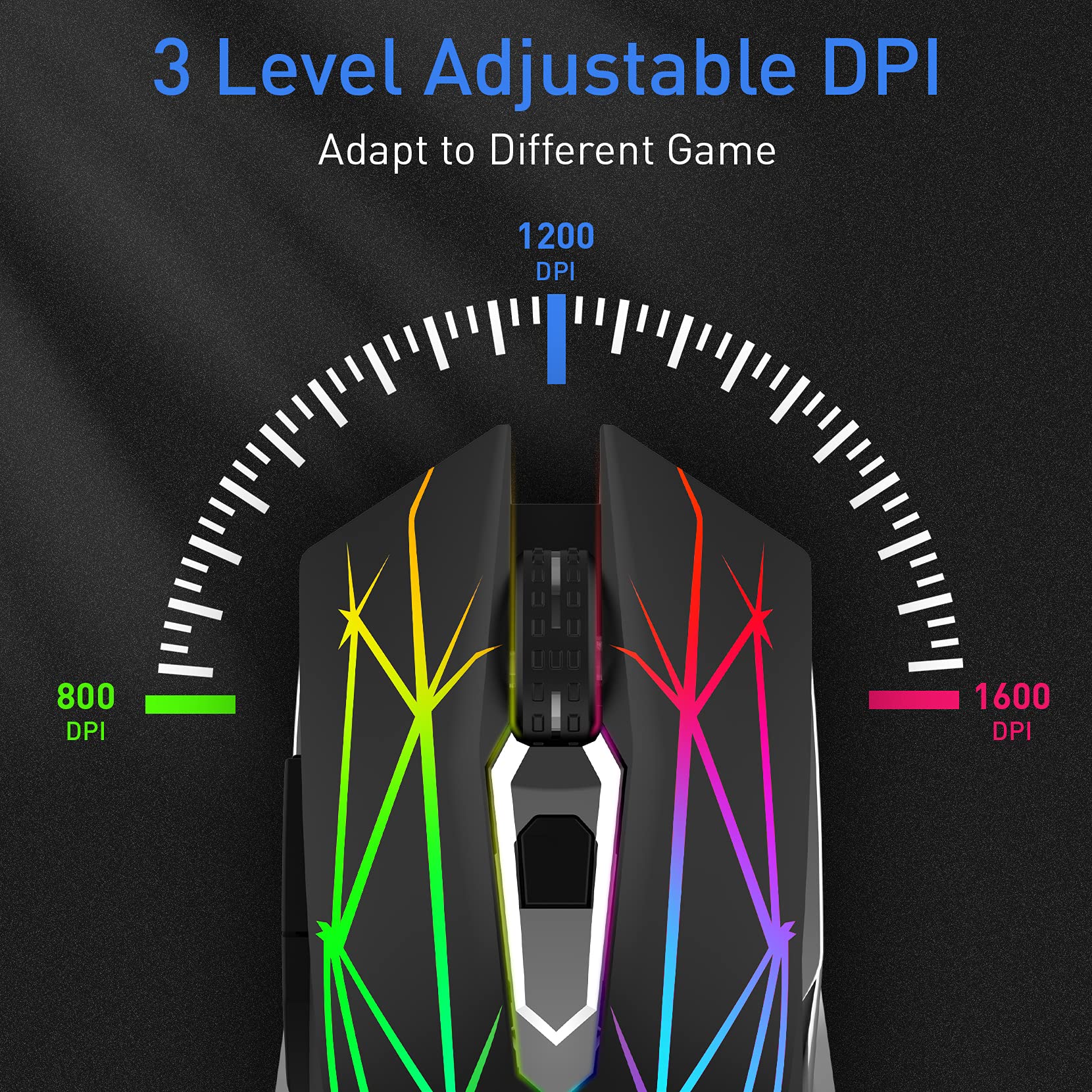 RIIKUNTEK Wireless Gaming Mouse, Computer Mouse Rechargeable with 3 Adjustable DPI, Silent Click, USB Receiver, LED Lights, 2.4GHz Portable Ergonomic RGB Optical Gamer Mice Mouse for Laptop PC Black