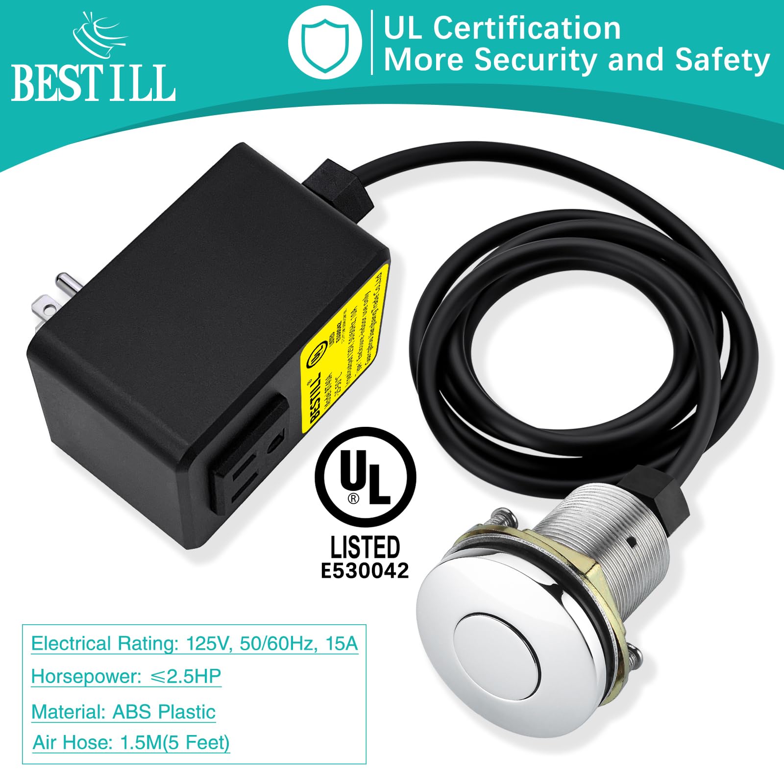 BESTILL Garbage Disposal Air Switch Kit, UL Listed, Sink Top Push Button with Brass Cover, Chrome, Brushed Nickel