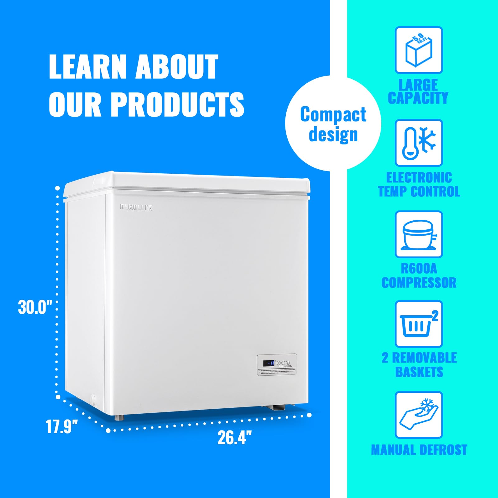 DEMULLER Chest Freezer 5.0 CU.FT Ultra-low Temperature Deep Freezers (Down to -12 ℉) with TWO Removable Baskets Freestanding White Small Mini Compact Fridge Freezer for Home Kitchen Office