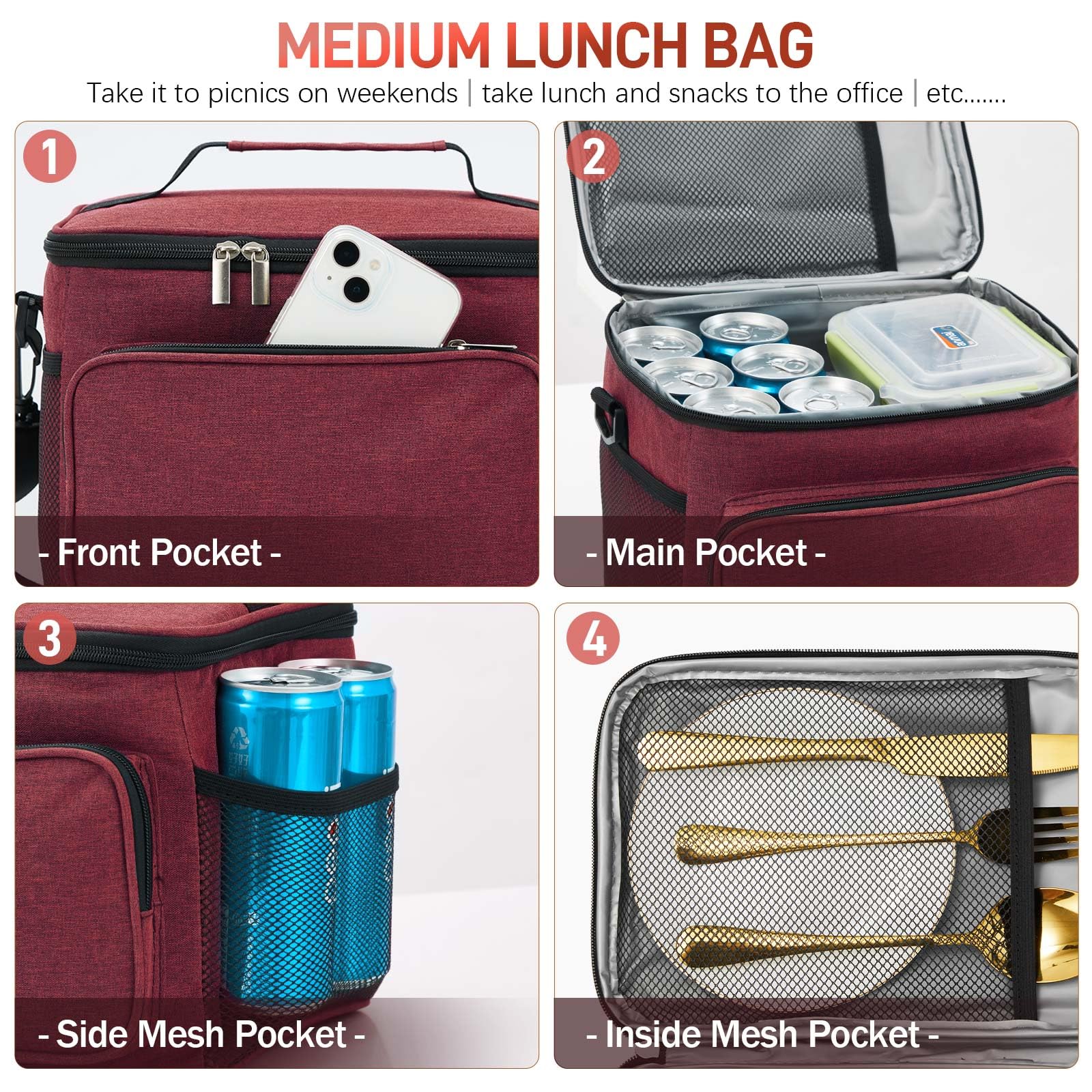 BECOJADDE Lunch Bag for Men and Women, Insulated Lunch Box Soft Cooler with Shoulder Strap for Work Travel Picnic (10L, Red)