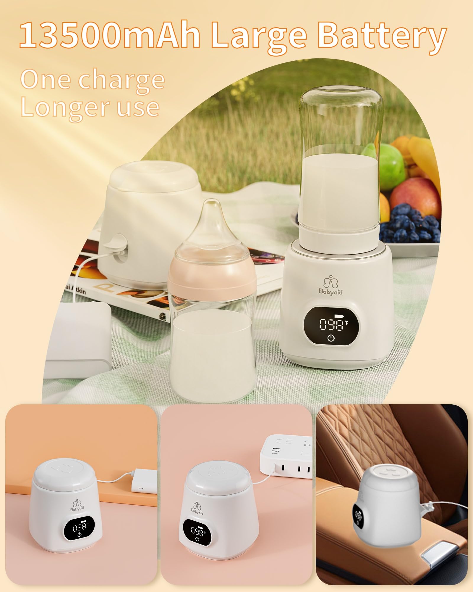 Babyaid Portable Bottle Warmer, Fast Heating Bottle Warmer with 4 Adapters, 4 Gears Temperature Smart Control Bottle Warmer, Cordless Trval Baby Bottle Warmer for Breastmilk or Formula, Pearl White