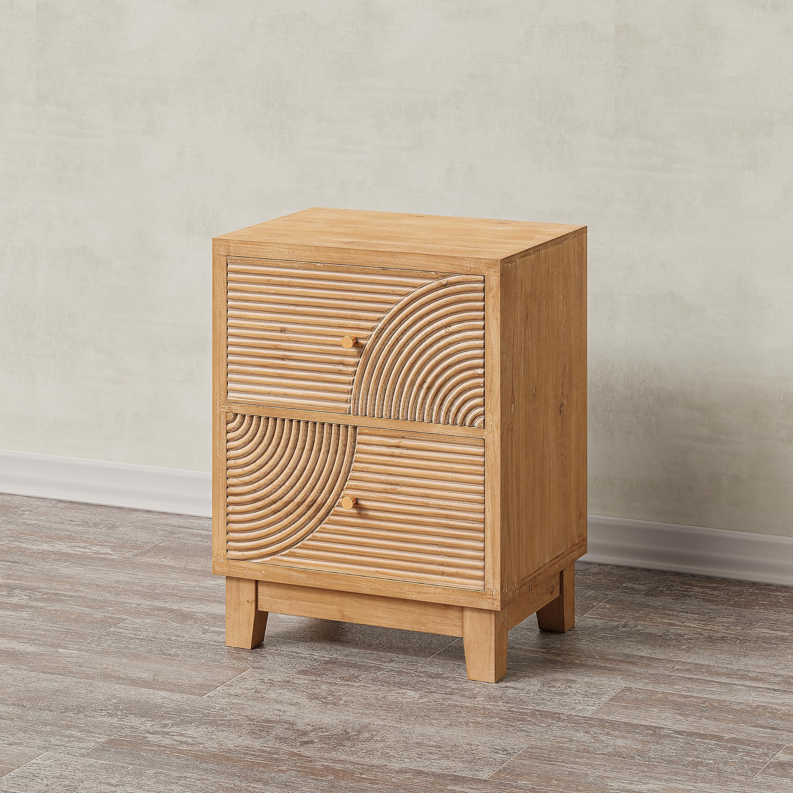 COZAYH 2-Drawer Farmhouse Nightstand, Mid Century Nightstand Fully Assembled with Handcrafted Wood Ring Pattern for Boho, Mid-Century, Rustic Style, Natural Wood