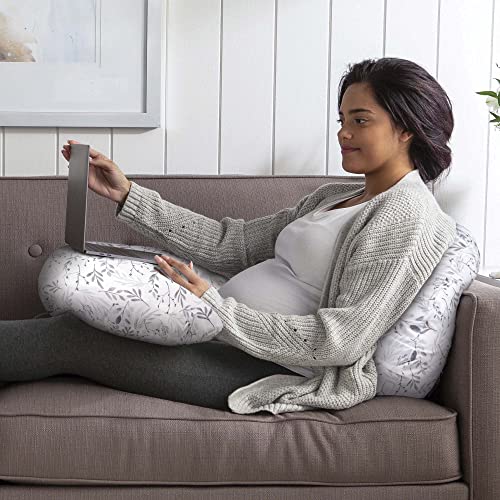 Boppy Total Body Pregnancy Pillow with Removable, Breathable Pillow Cover | Gray Scattered Leaves | Plush Full-Body Support | Prenatal and Postnatal Positioning