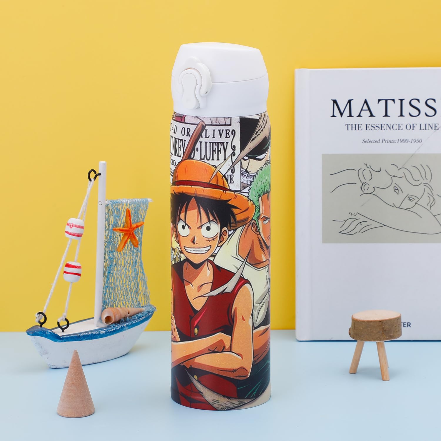 CNEISEJK Anime Piece Water Bottle, 16.9oz Vacuum Insulated Luffy Zoro Stainless Steel Cup Thermoses with Locking Cover Leak-Proof Design, 500ML, Orange
