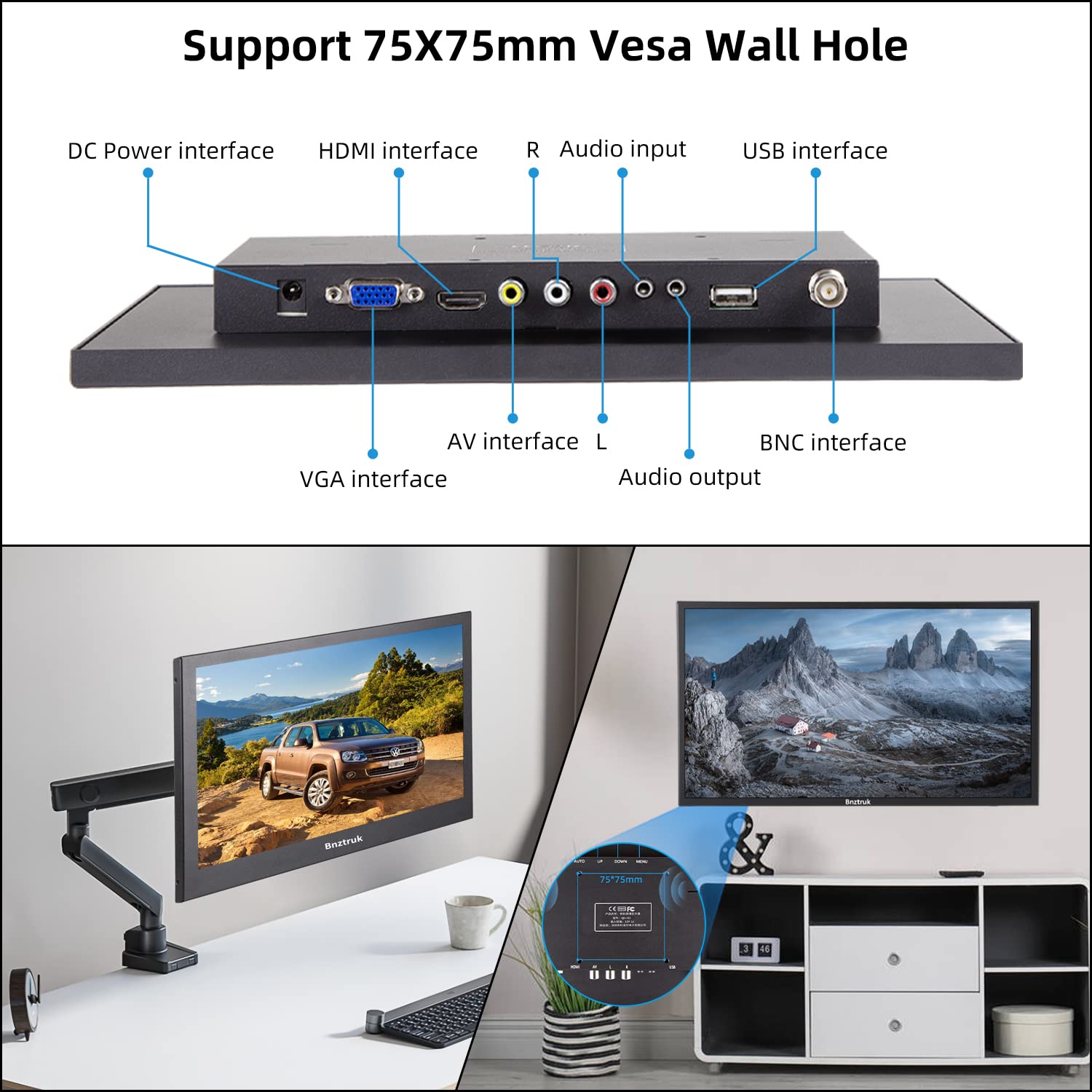 Bnztruk Portable Monitor 15.6 inch PC 16:9 HD Externer Screen Display with Port HDMI VGA BNC AV & USB Audio Video Display for Raspberry Pi Laptop Home Kitchen DVR Computer,1366x768