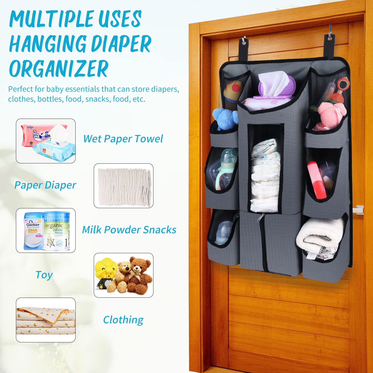 Crisinant Over the Door Organizer Hanging Nursery Organizers and Storage Diaper Stacker Baby Diaper Storage Organizer Hanging Diaper Caddy Organizer for Baby Essentials