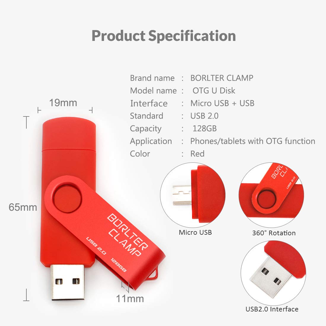 BorlterClamp 128GB USB Flash Drive Dual Port Memory Stick, OTG Thumb Drive with Micro USB Drive Port for Android Smartphone Tablet & Computer (Red)