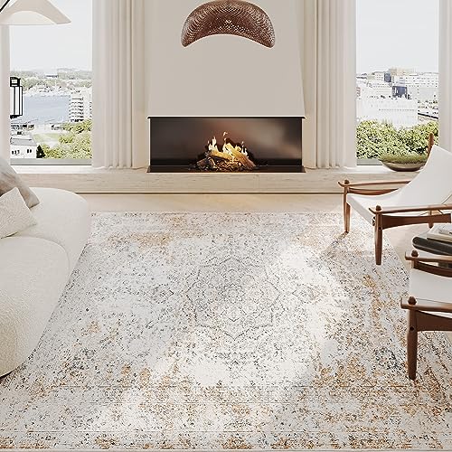 jinchan Area Rug 4x6 Persian Taupe Vintage Rug Traditional Floor Cover Foldable Thin Retro Kitchen Accent Rug for Indoor, Distressed Non Slip Carpet Floral Print Mat for Bedroom Living Room Bathroom