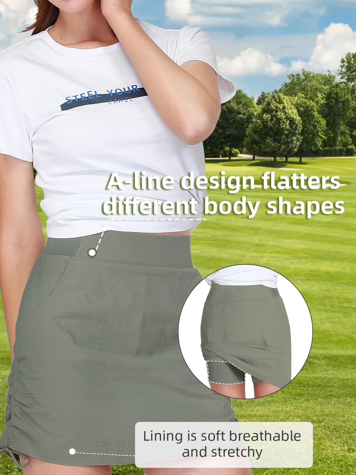 CAMEL CROWN Women's Casual Skorts Tennis Skirts Tummy Control UV Protection Quick Dry Golf Skirt with Pockets Active Light Green