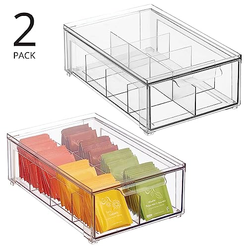 mDesign Plastic Kitchen and Pantry Organizer with Divided Drawer - Stackable Bin with 8 Sections for Tea and Snack Food - Perfect for Organizing Cabinet, Fridge - Lumiere Collection - 2 Pack - Clear