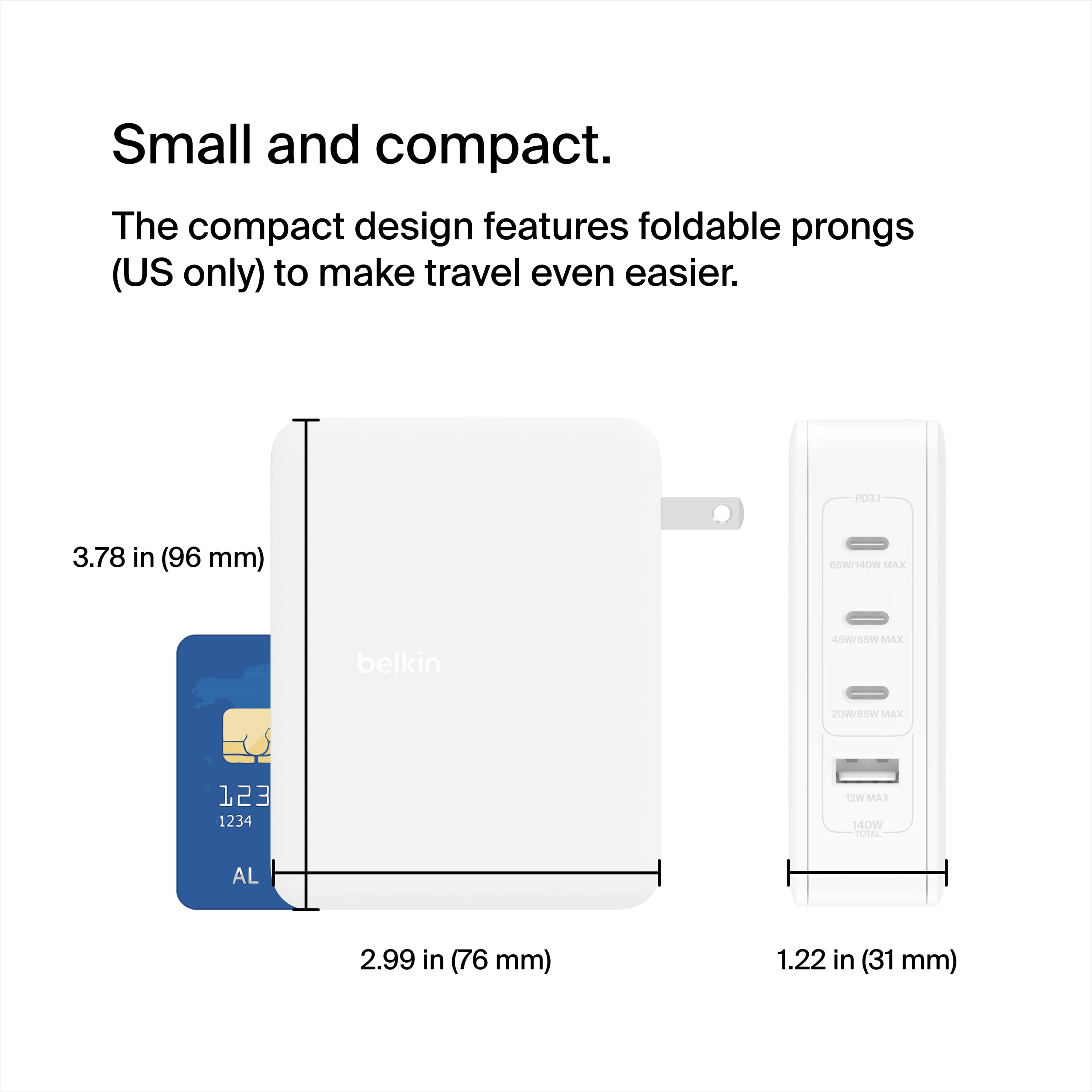 Belkin 140W 4-Port GaN Wall Charger, Multi-Port Charger Block w/USB-C Power Delivery Fast Charge & USB-A Port for Apple MacBook, iPhone 15 Series, iPad Pro, Samsung Galaxy S24, Google Pixel, & More