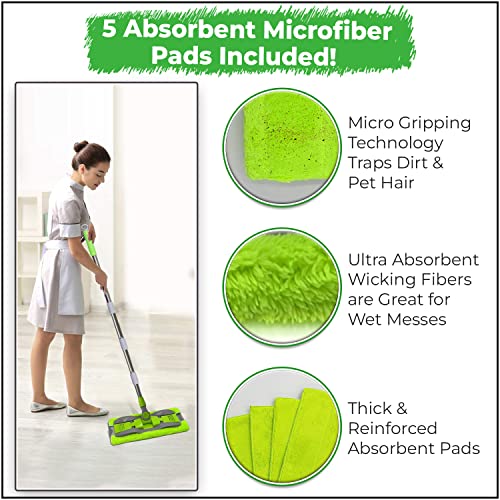 ITSOFT Microfiber Hardwood Floor Mop - Stainless Steel Handle with Extension and 5 Reusable Mop Pads, for Wet or Dry Floor Cleaning, Green