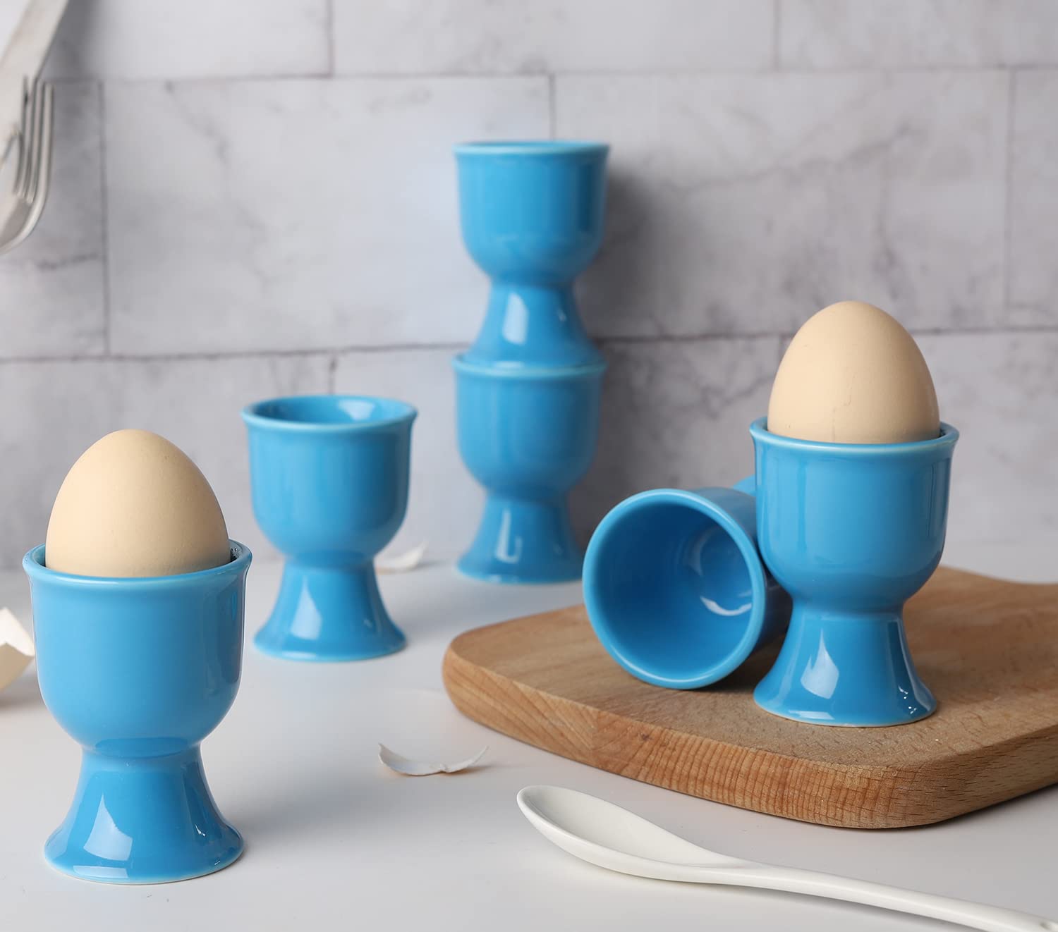 Ceramic Egg Cups Set of 6 Porcelain Egg Stand Holders for Soft Hard Boiled Eggs for Breakfast (Blue)