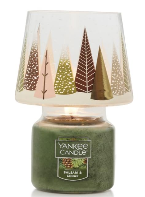 Yankee Candle Balsam & Cedar Winter Holiday Gift Set - Small Balsam & Cedar Candle (3.7 oz) with Festive Trees Small Jar Shade in a Decorative Gift Box