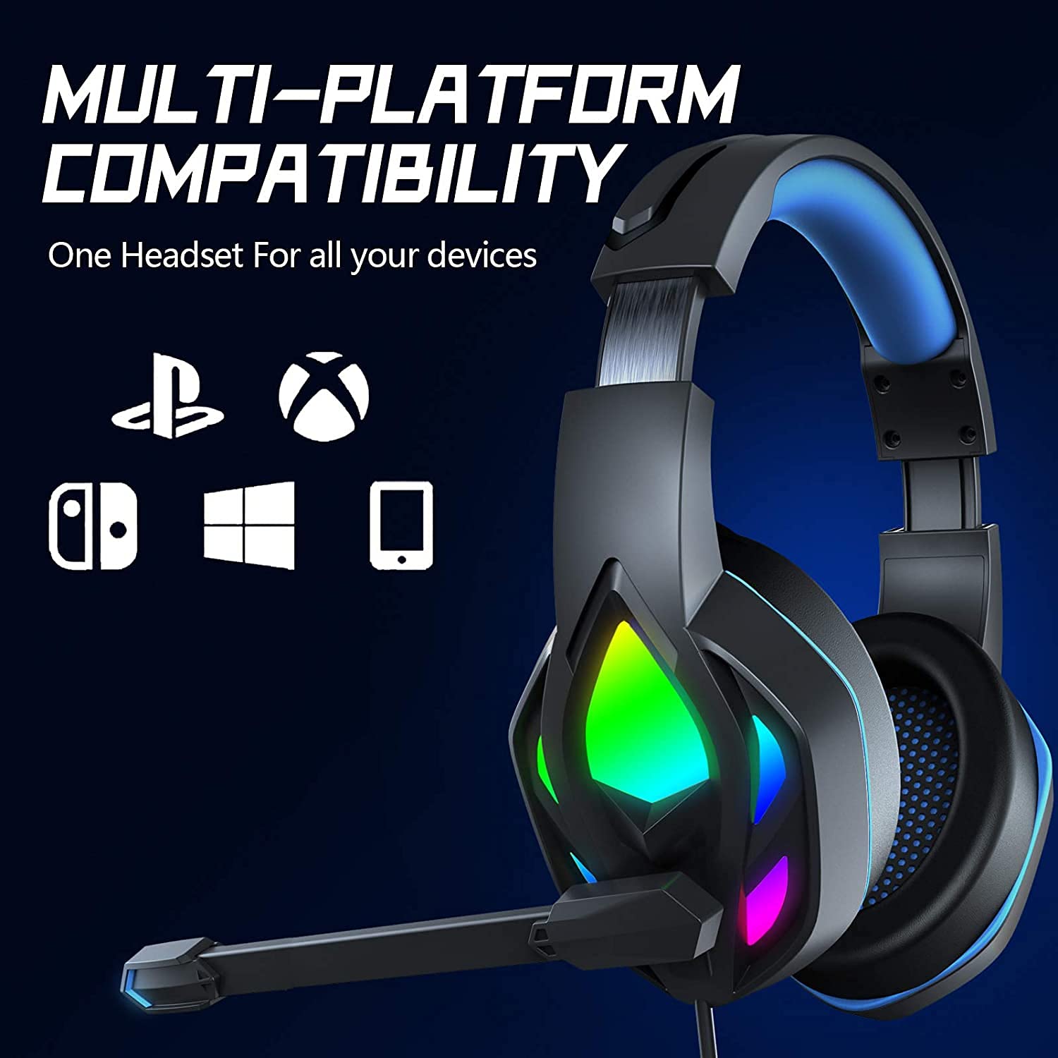 Donerton Gaming Headset, Over-Ear Gaming Headphones with Noise Canceling Mic, Stereo Bass Surround Sound, LED Light, Soft Memory Earmuffs PS4 Gaming Headset Compatible with PC, Laptop,Tablet