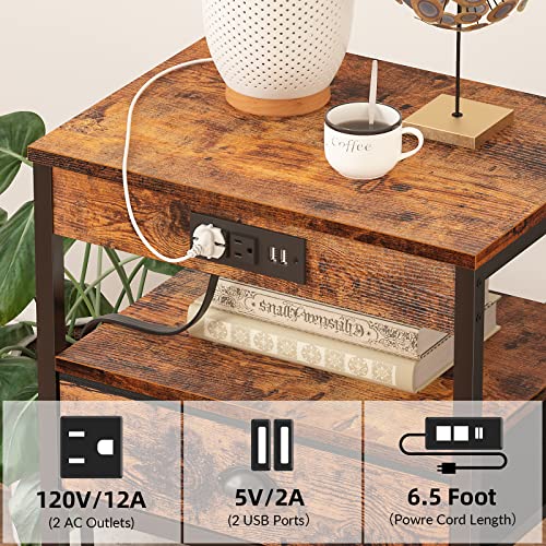 Furologee Nightstand Set of 2 with Charging Station, End Table with USB Ports&Power Outlets, 6-Tier Bookshelf, Tall Rustic Bookcase with 2 Drawers Storage Organizer