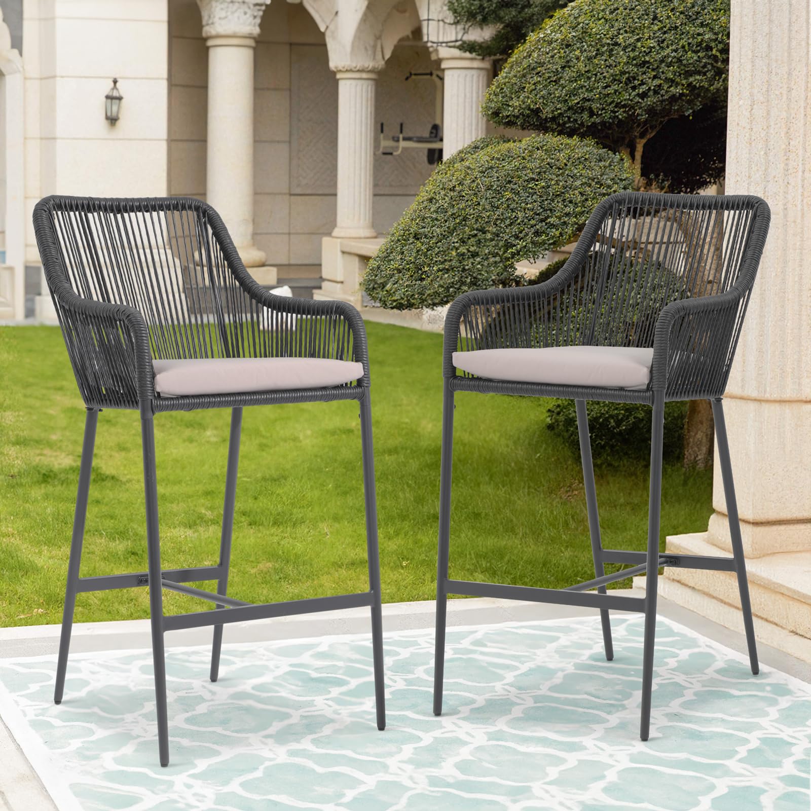 COBANA Outdoor Bar Stools Set of 2, Bar Height Patio Chairs with High Back, Footrest and Armrest, Beige