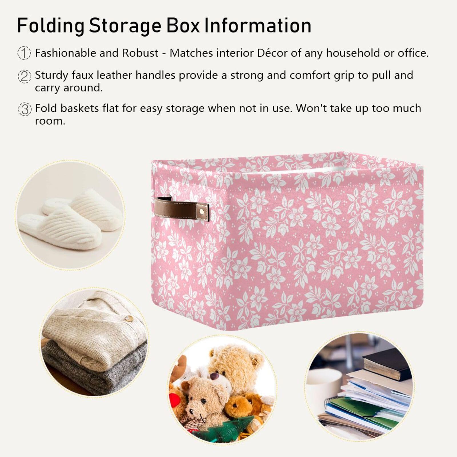 NFMILI Floral Pink and White Storage Basket, Fabric Storage Cubes Bins, Open Home Storage Bins with Handles, Foldable Cubes Closet Organizer Boxes 14.2 x 10.2 x 8.3 in (Large - 2 Pack)