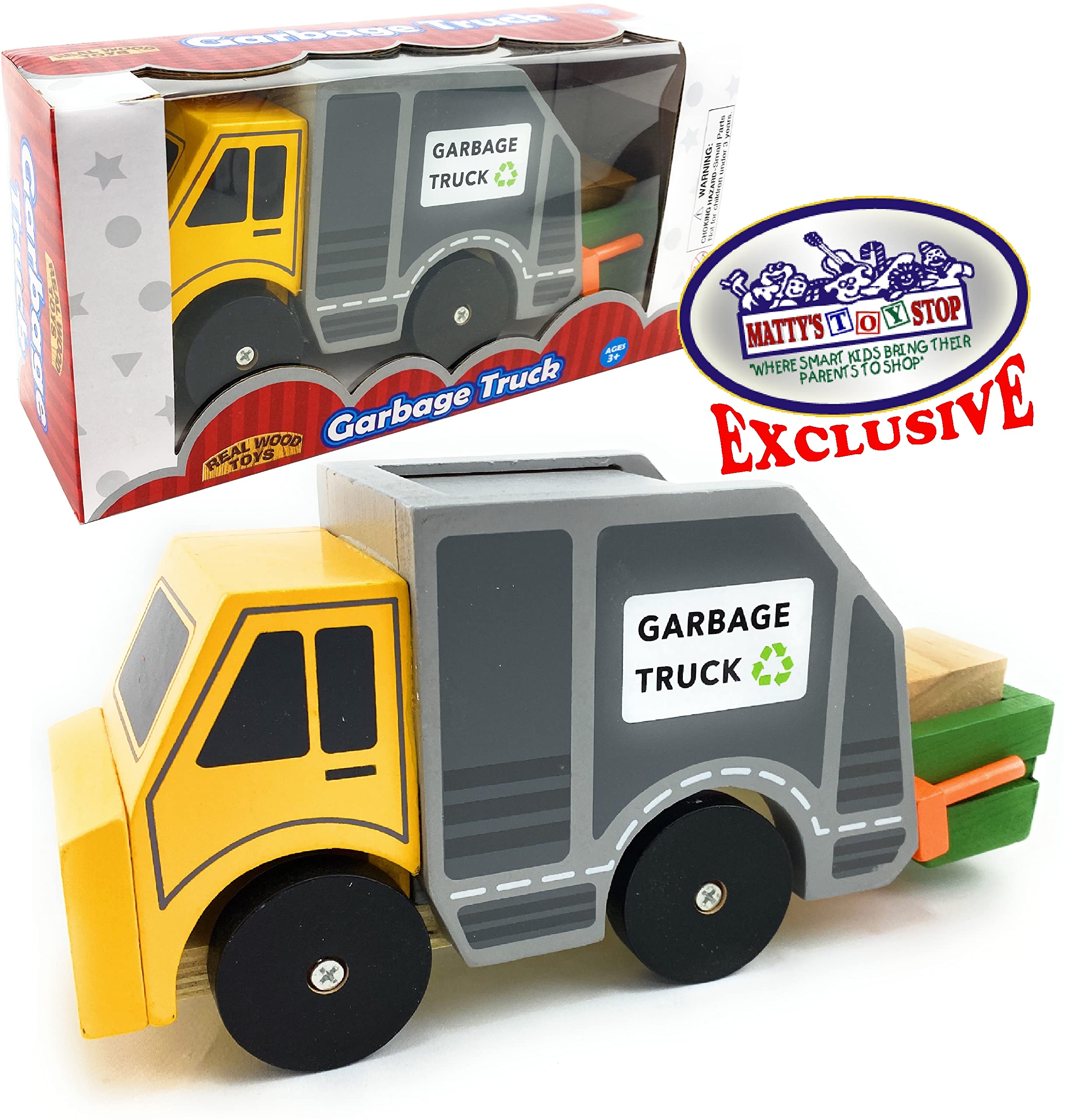 Matty's Toy Stop Deluxe Wooden Vehicle Set Featuring a School Bus (with 5 Play Figures), Fire Engine (Fire Truck) and Garbage Truck Gift Set Bundle - 3 Pack