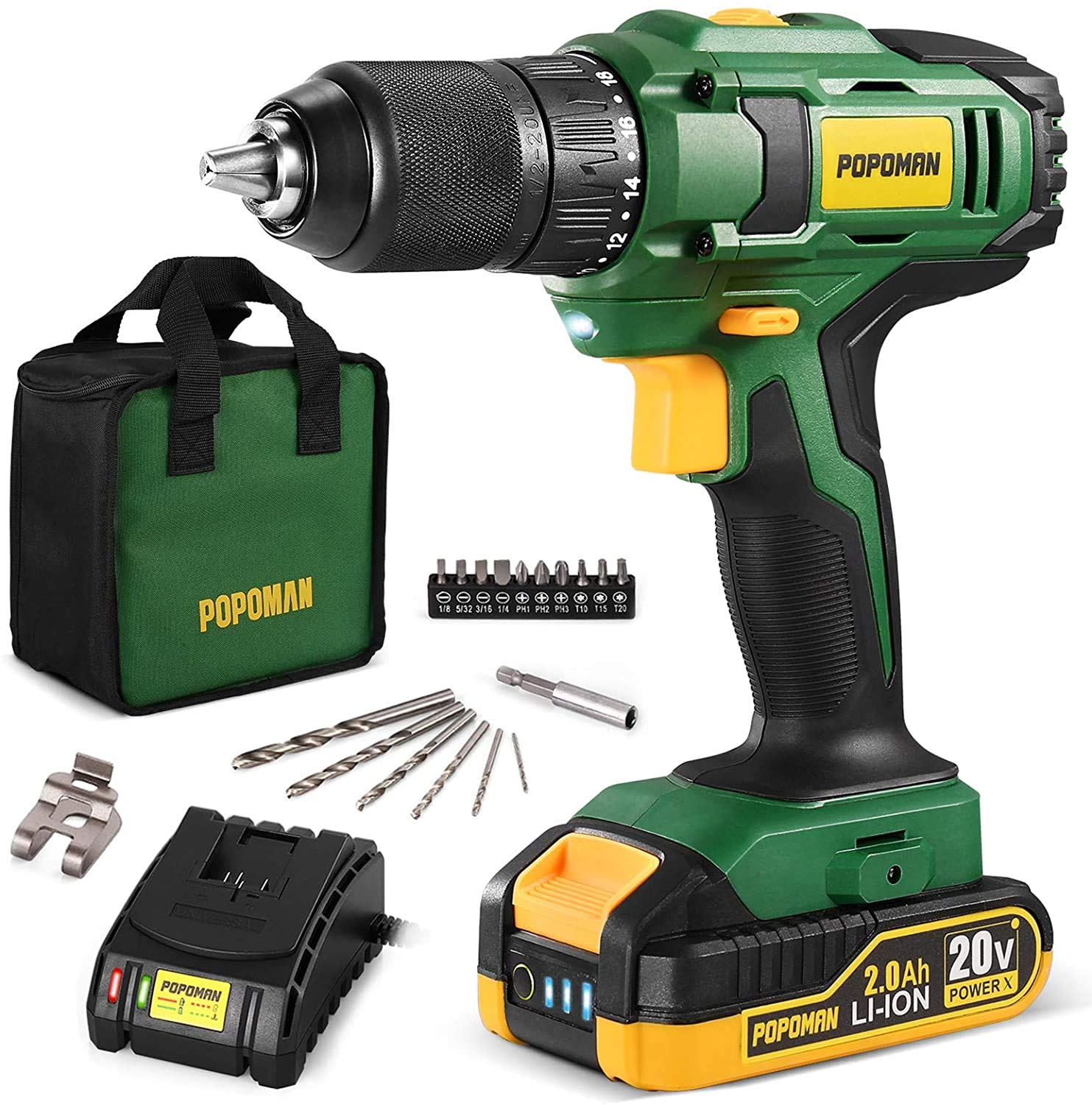 Cordless Drill, 20V MAX 1/2 inch Compact Drill Driver Kit, 2.0Ah Lithium-Ion Battery with Fast Charger, Metal Chuck, 398 In-lbs Torque, 18+1 Position Clutch, 17pcs Drill/Driver Bits - BHD750D