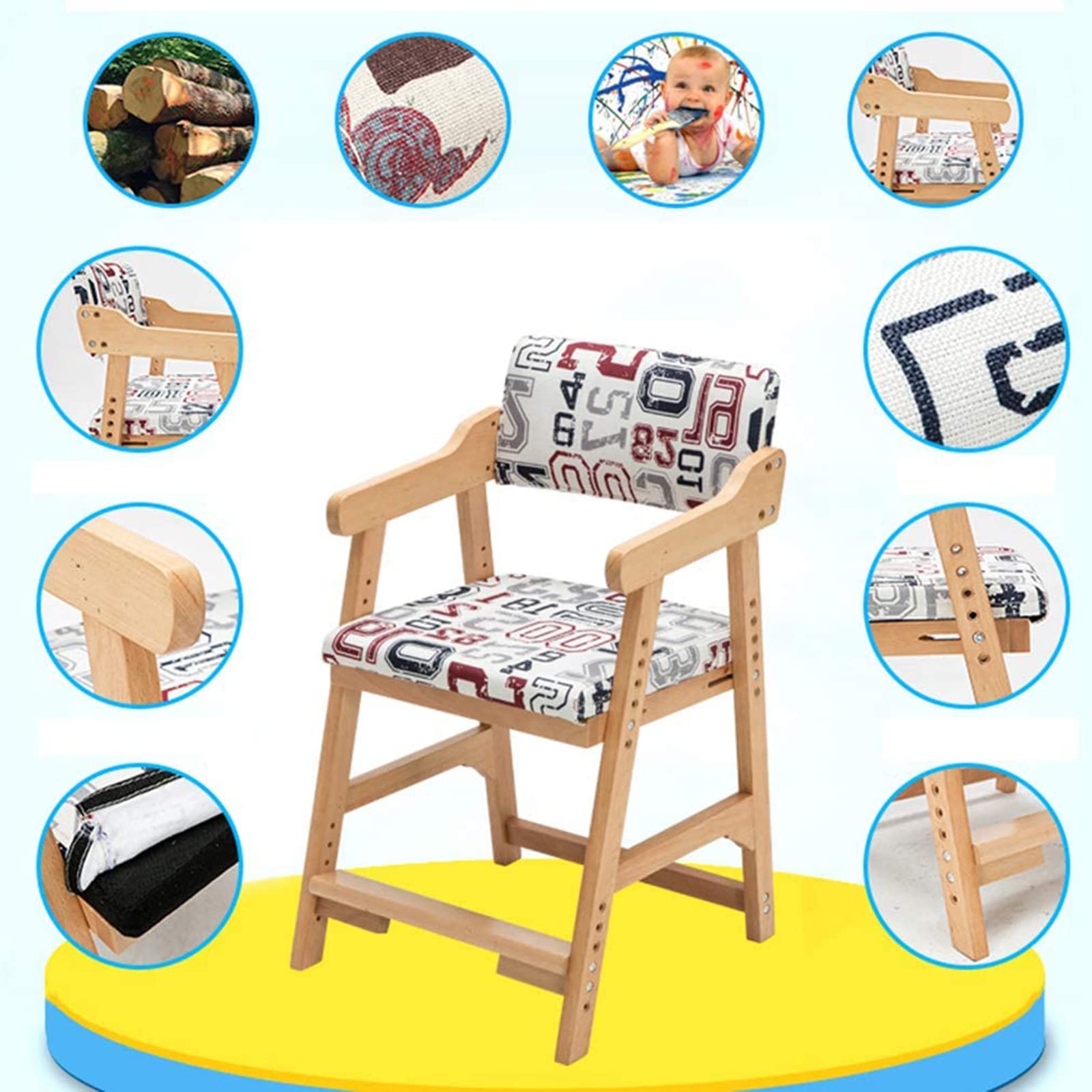 LTT LT Student Safety Chair, Work Chair, Child Work Seat with Armrests, 6 Height Adjustable Children Chair Solid Wood, Suitable for Children of Different Ages,Yellow