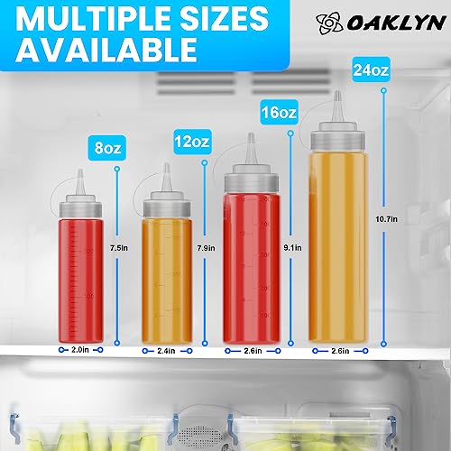 Oaklyn (3pk 24 oz Plastic Squeeze Squirt Condiment Bottles with Twist On Cap Lids - top dispensers for ketchup mustard mayo hot sauces olive oil - bulk clear bpa free bbq set