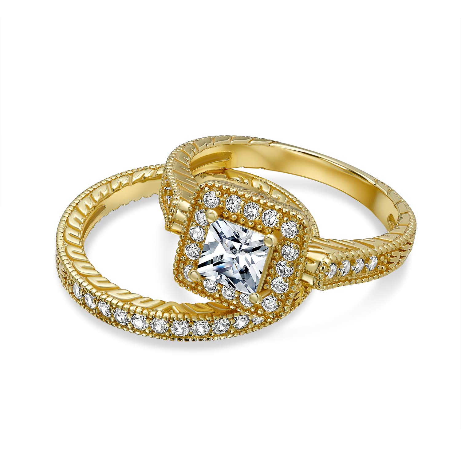 Bling Jewelry Gold Plated Silver Princess CZ Engagement Wedding Ring Set (6)