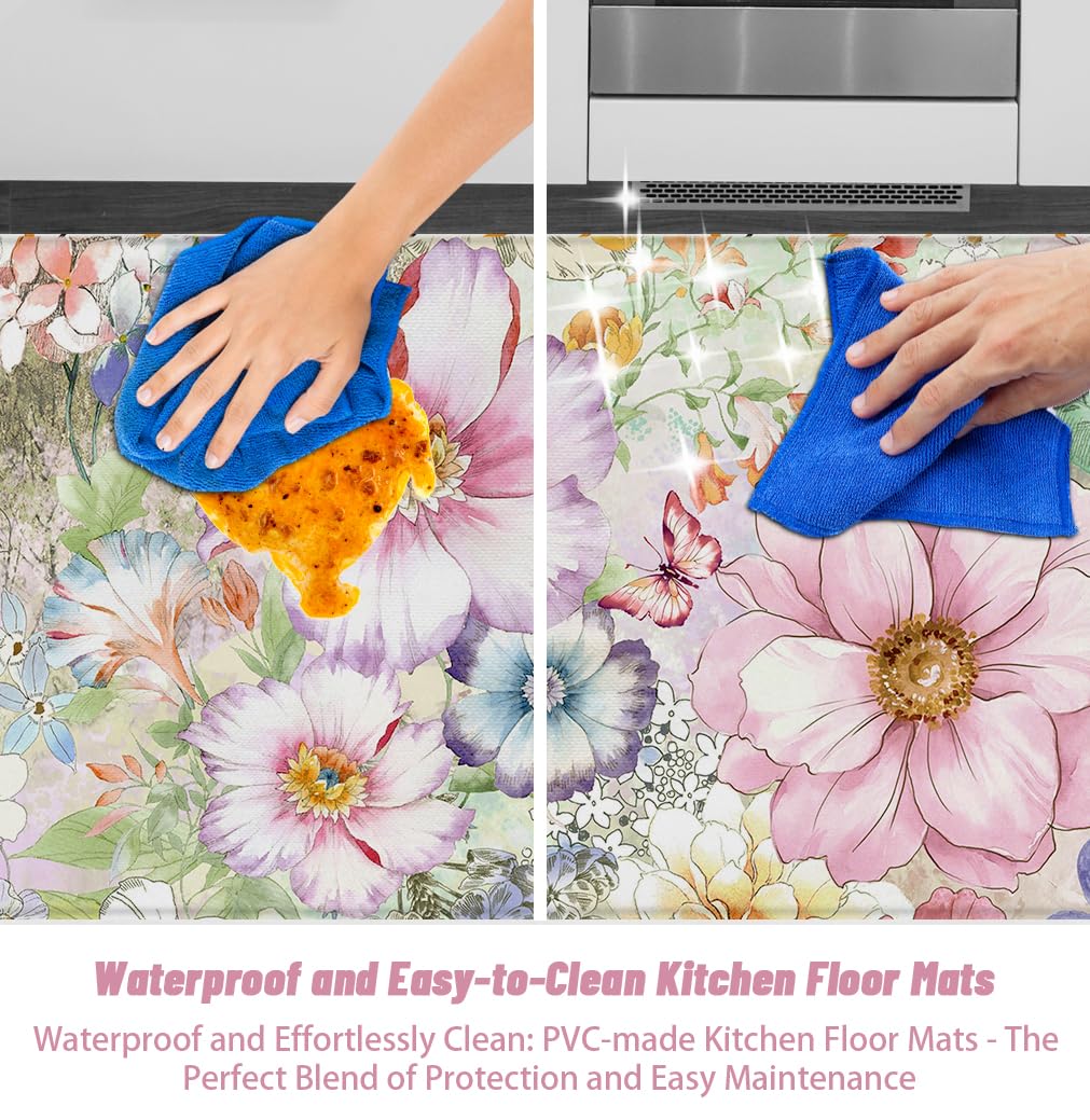 chiinvent Pink Floral Kitchen Rug Mats Set of 2 Boho Flower Anti Fatigue Kitchen Mats for Floor Non-Slip Cushioned Kitchen Floor Mat Comfort Standing Memory Foam Mat Waterproof PVC (17.3X 28+17.3X 47)