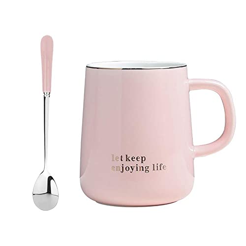 Ceramic Mug Birthday Gifts for Women China Tea Cups with Spoon Coffee Cup Suitable for Making Tea,Cold Drinks,Hot Drinks,Coffee,Etc(Pink,14.5oz)