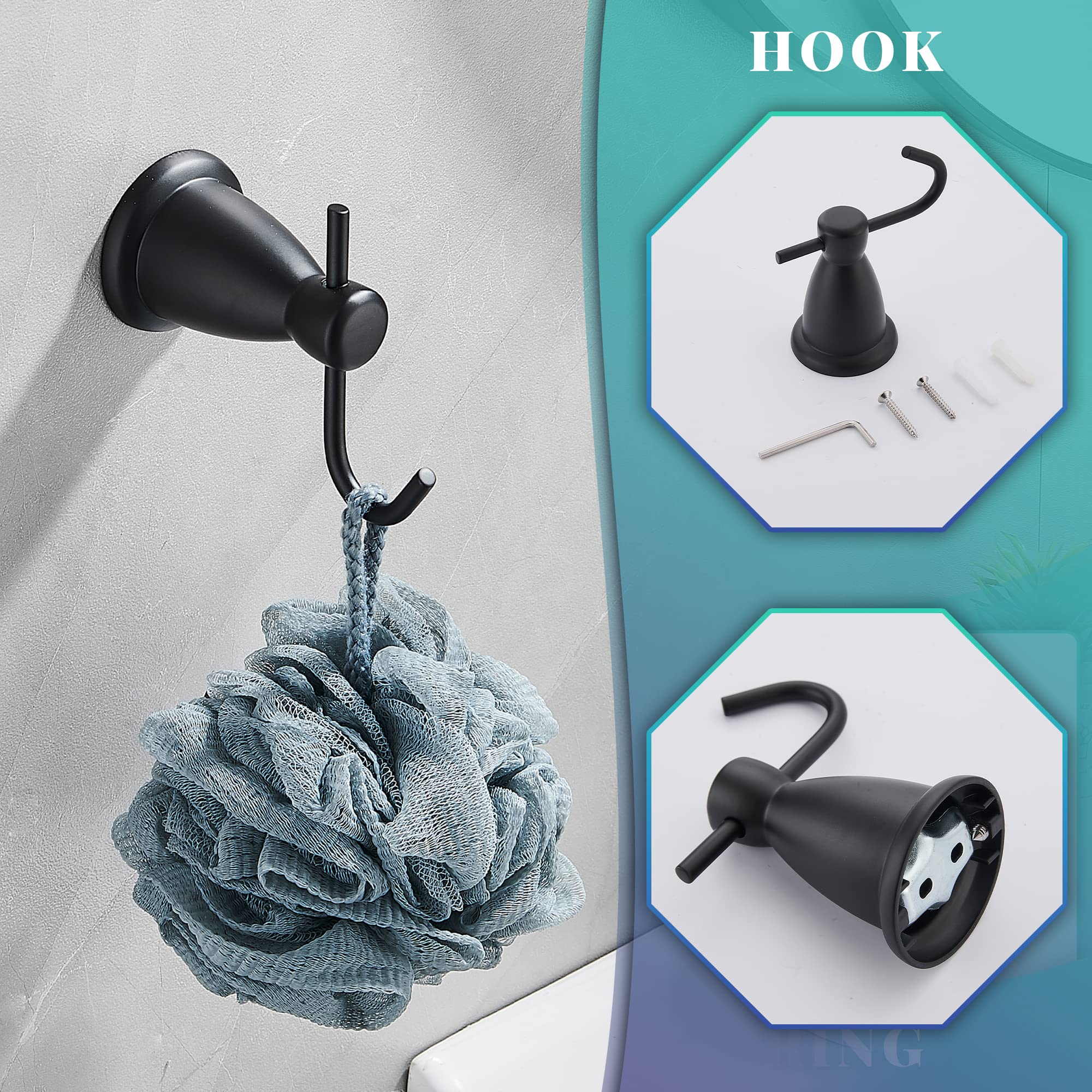 Bathroom Hardware Set, Matte Black 23.6 Inches Adjustable Expandable Towel Bar 4-Piece Bathroom Accessory Set Wall Mounted Robe Hook Toilet Paper Holder Towel Ring Towel Bar
