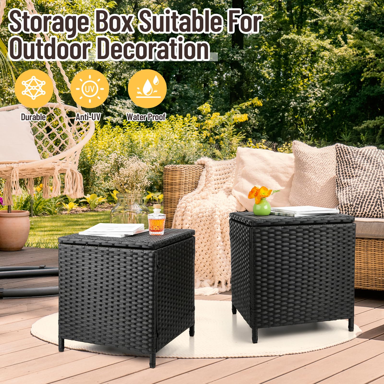 DoubleFill 2 Pcs Wicker Side Table with Storage PE Rattan Wicker Ottoman Small Patio Outdoor Storage Box 11.8 Gallon Square Outdoor Foot Stool Footrest Footstool for Porch, 15.75 x 15.75 x 17.72