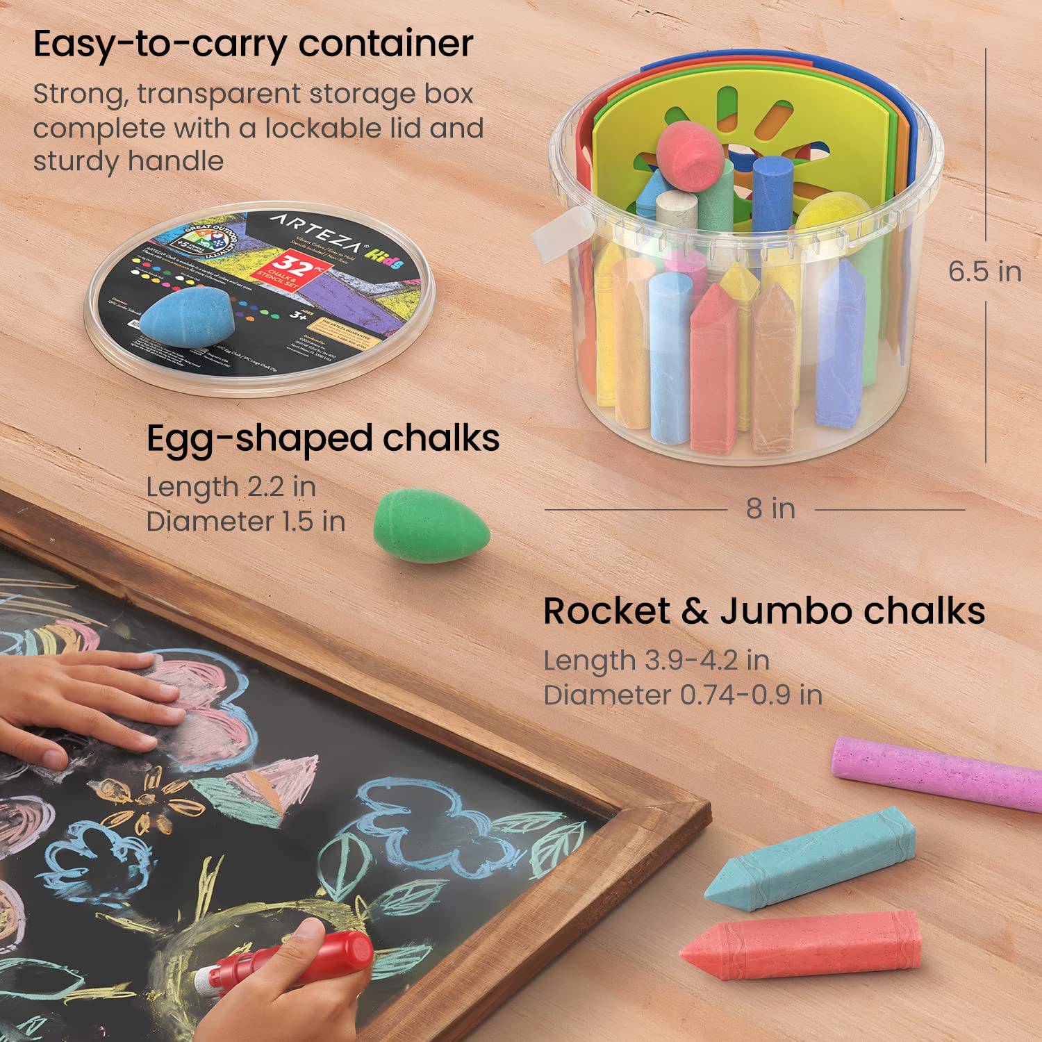 Arteza Kids Sidewalk Chalk and Stencil Set, 32 Pieces, Jumbo, Rocket, and Egg Chalks