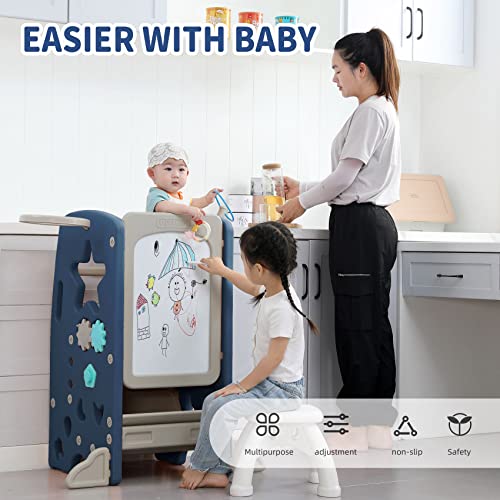 UNICOO –Kids Kitchen Step Stool with Double Safety Rails, Toddler Learning Stool with 3 Adjustable Heights and Non-Slip Foot Pads, Toddler Tower for Kitchen Countertop and Bathroom (OMLT-Dark Blue)